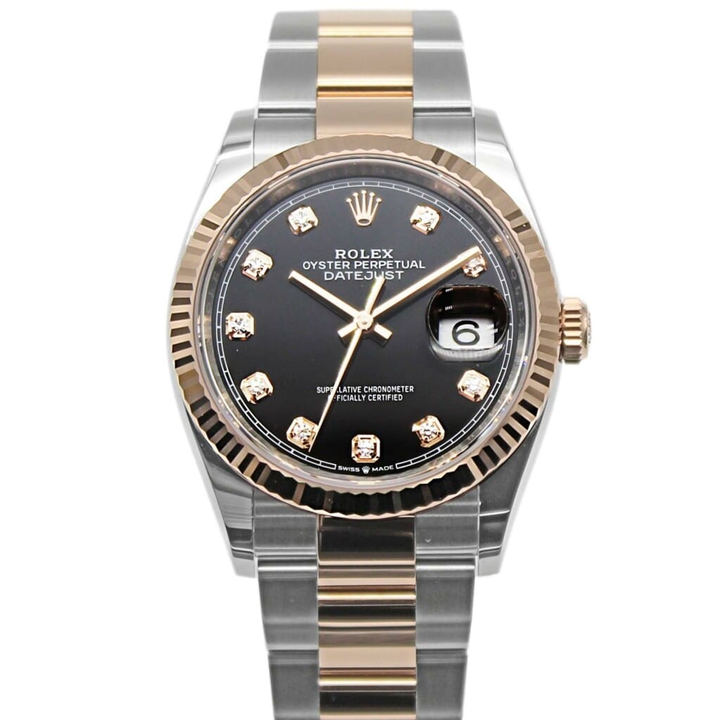 Rolex Datejust 36 Rose Gold And Steel Black Diamond Dial Oyster Fluted ...
