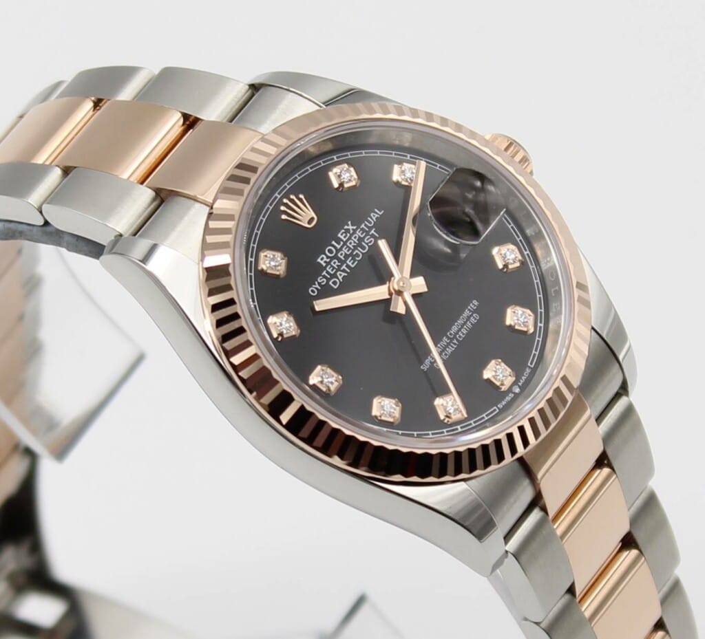 Rolex Datejust 36 Rose Gold And Steel Black Diamond Dial Oyster Fluted ...